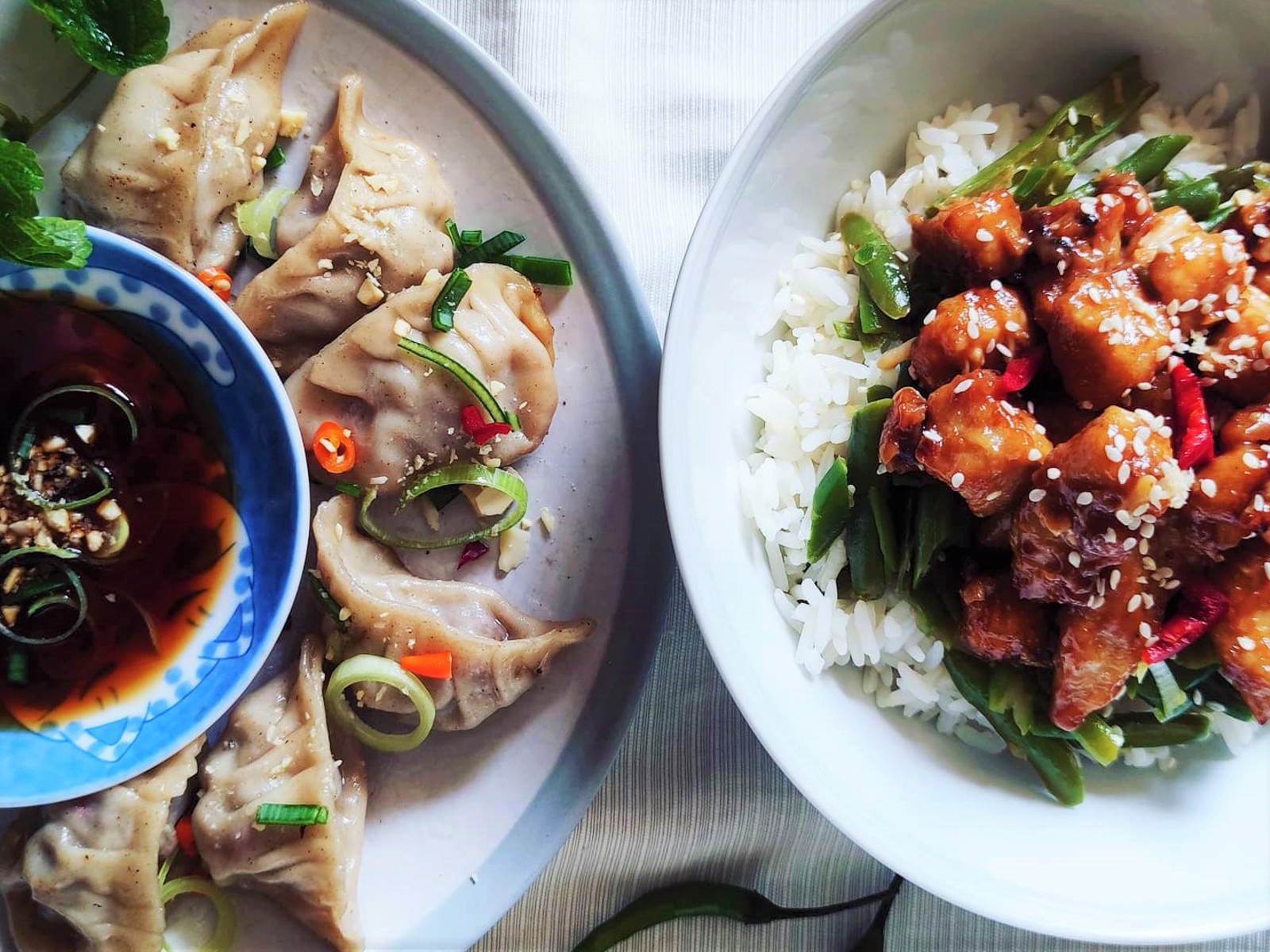 Beef gyoza and General Tso's chicken
